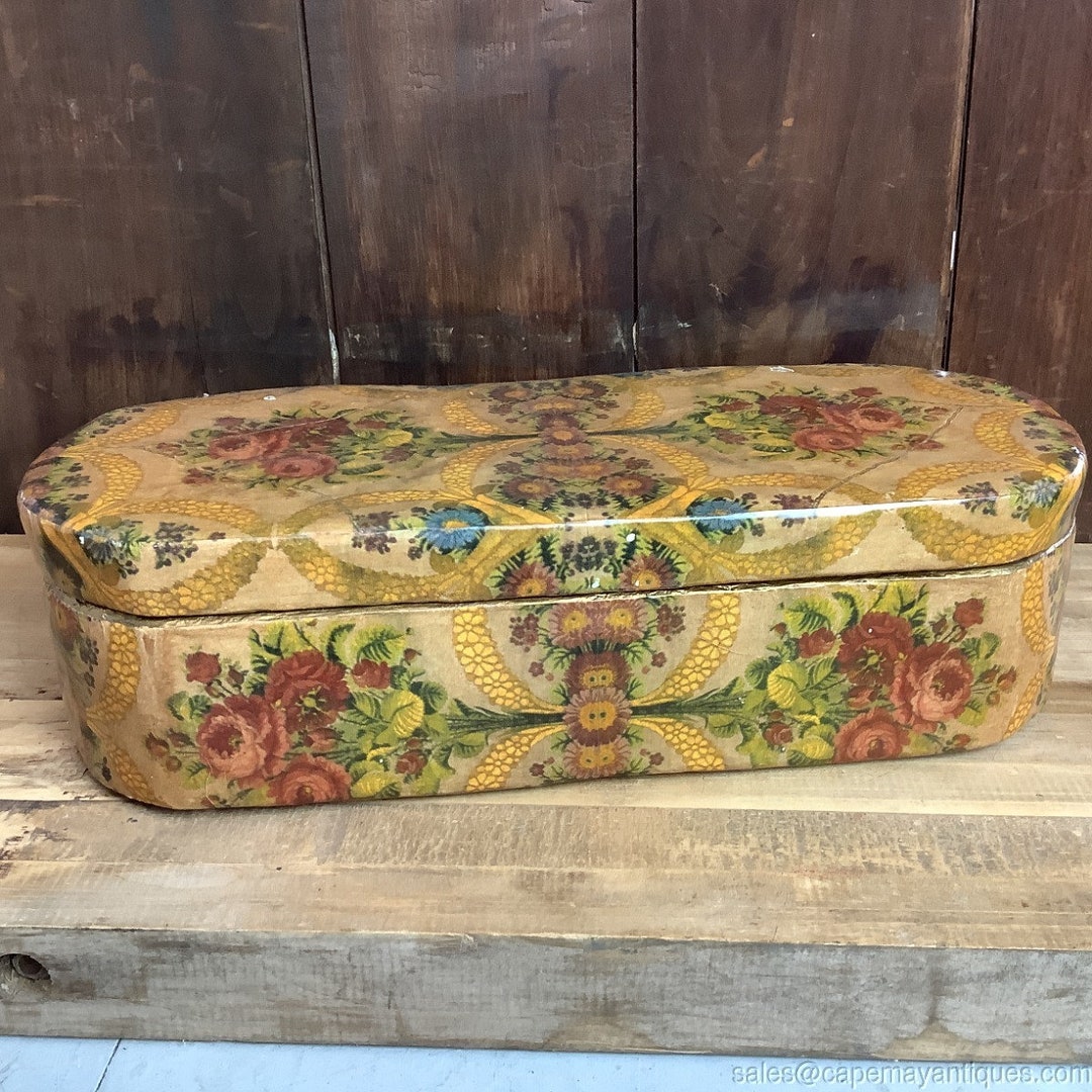 Vintage Papered Solid Wood Oblong Box Storage Floral Victorian Gold ...