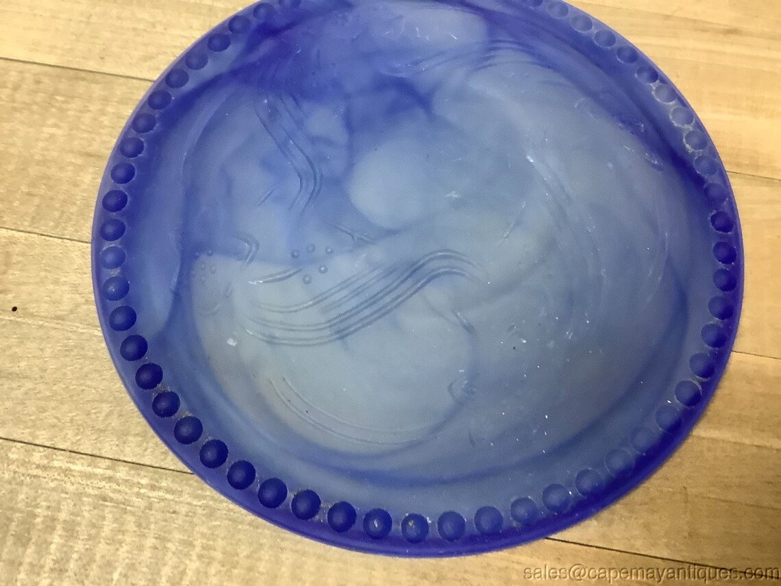 Blue Frosted Swirl Glass Opalescent Lid Beaded Rim Round Dome | Etsy