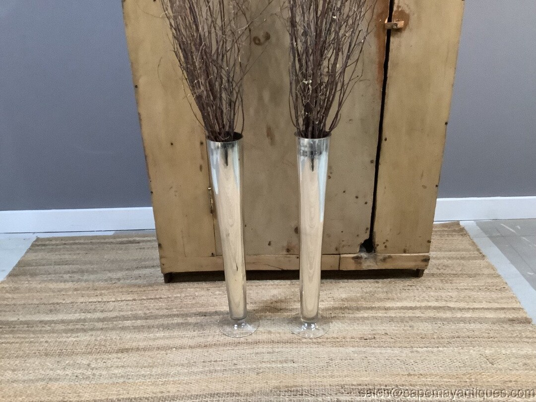 Pair Tall Slender Large Glass Vases Flashed Silver Finish 28" Tall ...