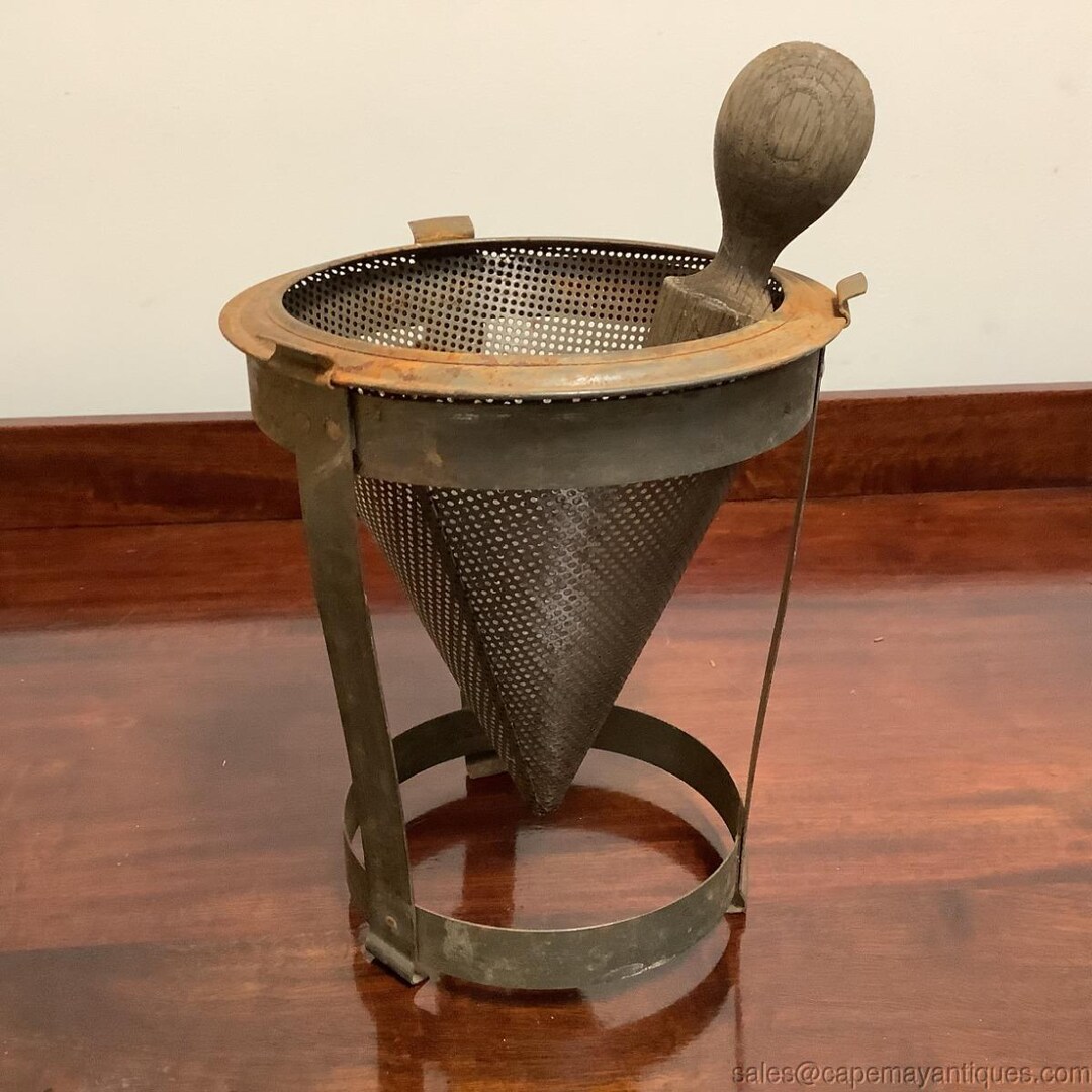 Antique Cone Sieve Food Mill Strainer on Tripod W Wood Pestle Masher ...