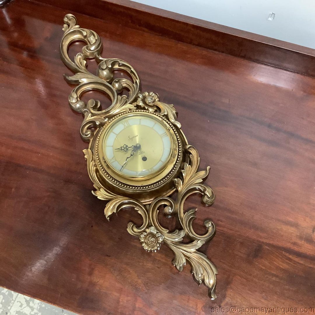 Vintage Syroco 8 Day Jeweled Wall Clock Gold Tone Neo Classical Scrolls ...