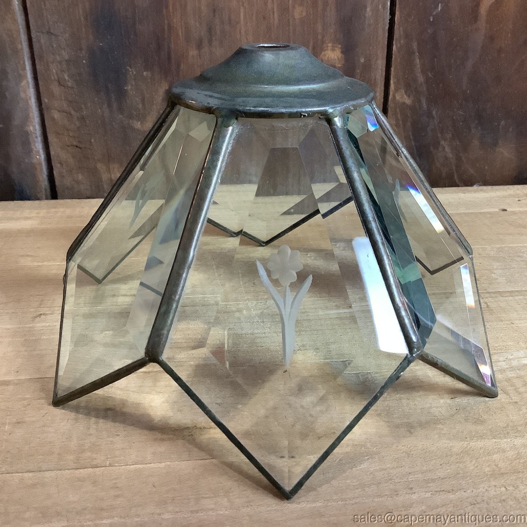 Vintage Beveled Glass Leaded Lamp Shade Petite Etched Floral Panels 6 ...