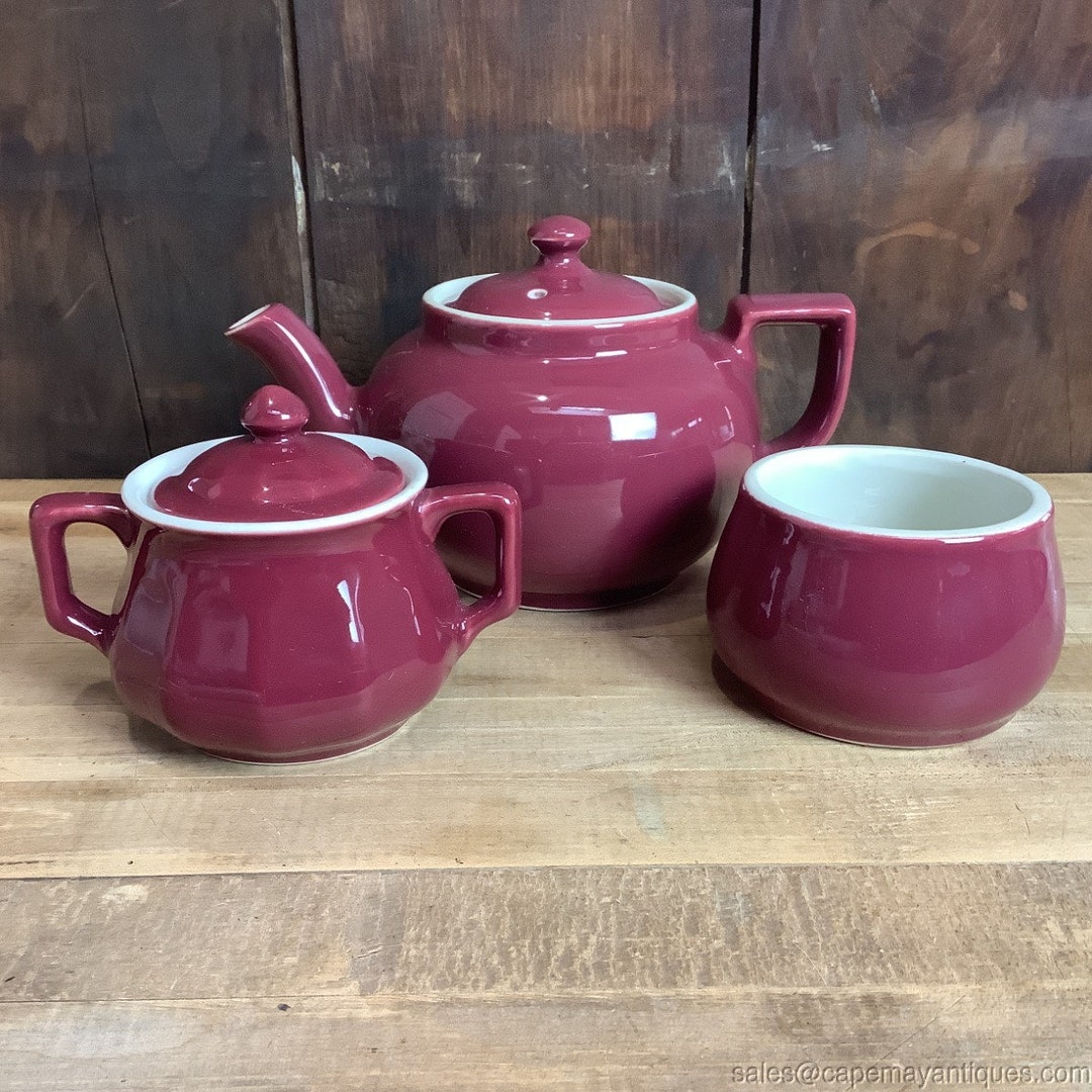 Vintage Hall Pottery 3 Pce Tea Set Teapot Sugar W Lid Waste Vessel ...