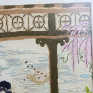 Needlepoint Asian Scene Woman Playing Flute Seated Male Yarn Silk Linen ...