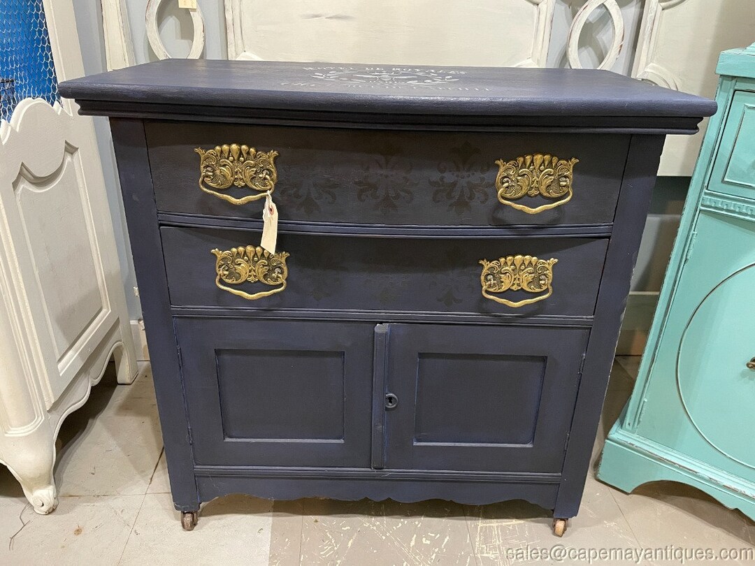 Antique Painted Wash Stand Small Storage Table Gold Handles Dark Blue ...
