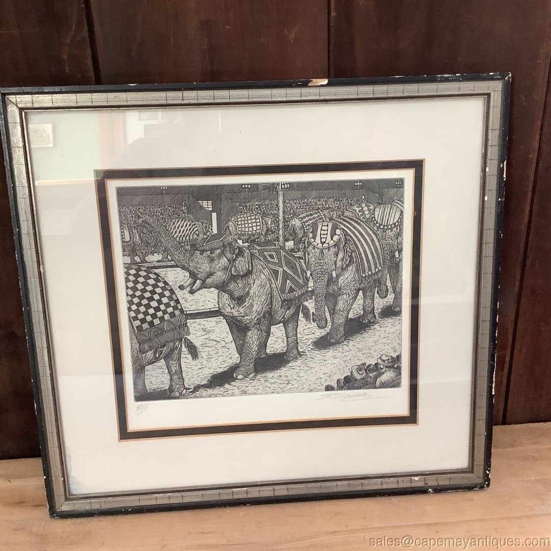 Vintage Print Parade of Elephants Black White Signed #'d Circus Big ...