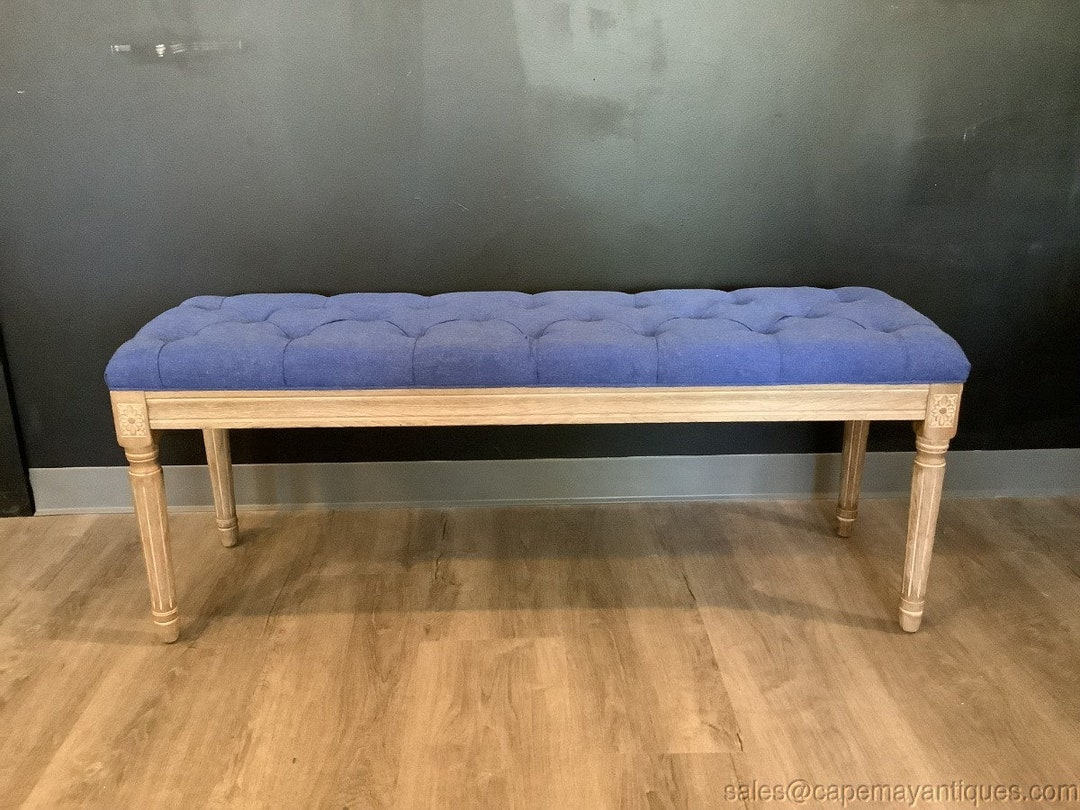 Blue Denim Tufted Long Bench Seat Wood Carved Legs Natural Tone 50" L ...