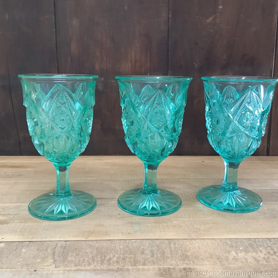 3 Imperial Glass Footed Water Goblets Aqua Light Green Feather Notching ...