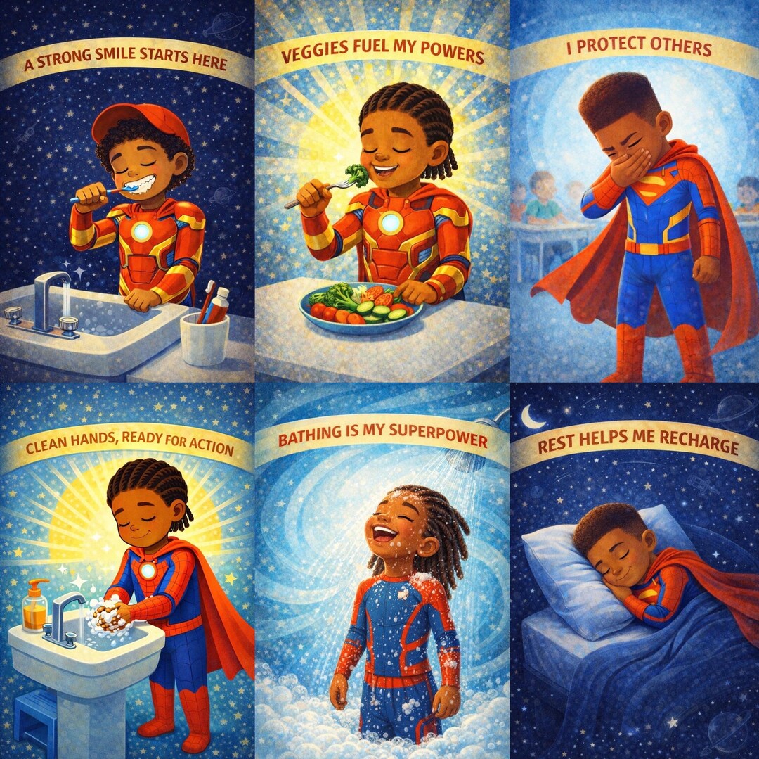 Superhero Kids Hygiene Posters | Brown Boys Daily Routine Art (digital ...