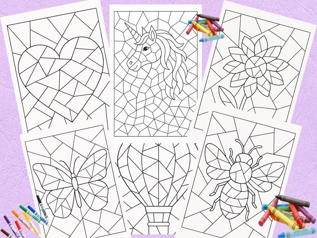 6 Mosaic Art Coloring Pages for Kids - Printable Unicorn, Butterfly ...