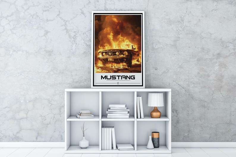 Fiery Ford Mustang on Fire Digital Print | Classic Muscle Car Wall Art ...