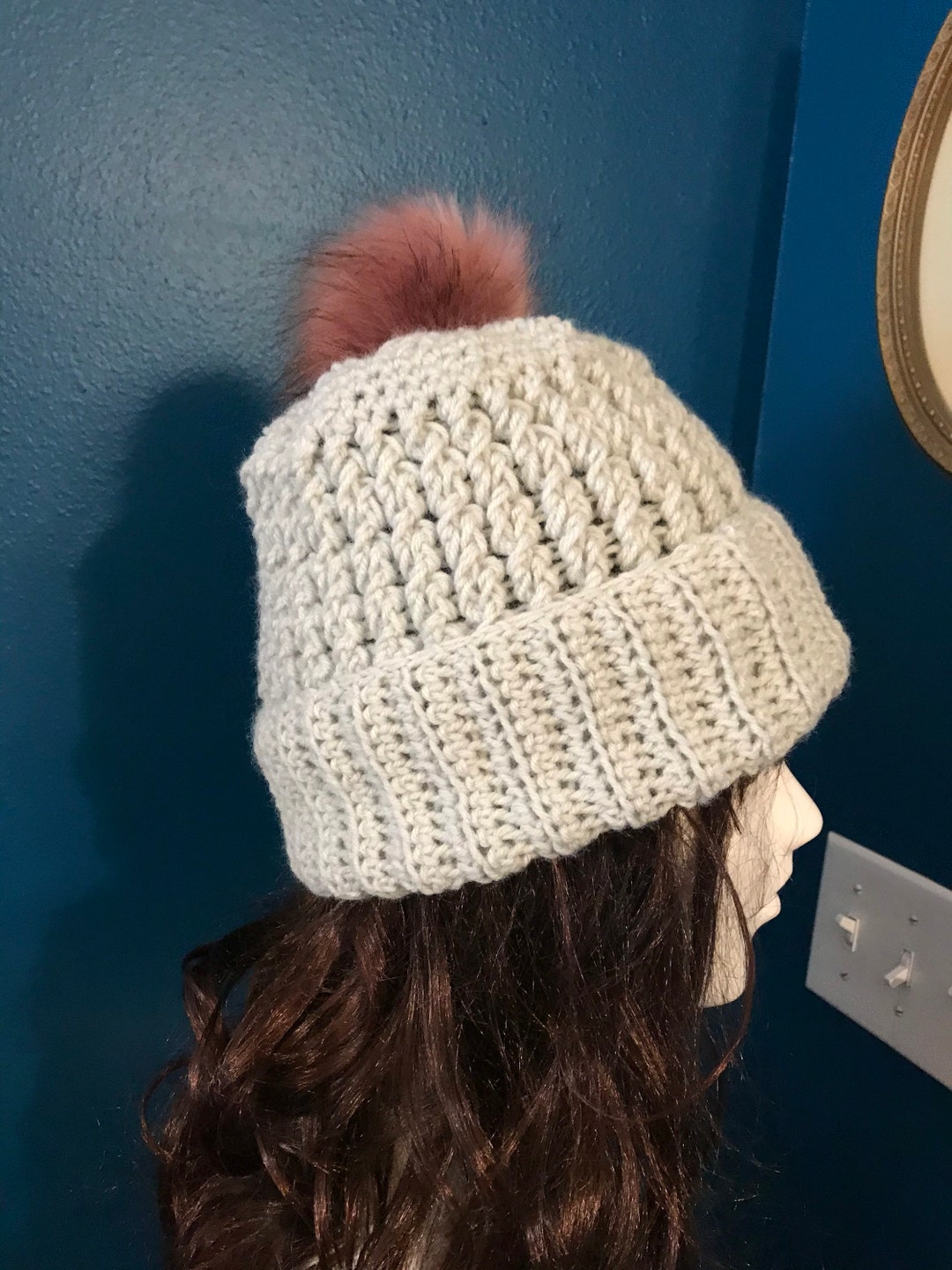 Crochet Beanie Hat: Dani Double Brim, Faux Fur Pompom - Etsy