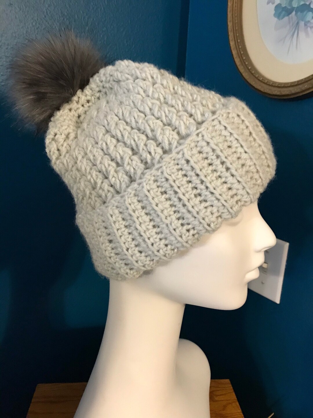 Crochet Beanie Hat: Dani Brim, Faux Fur Pompom, Elephant Grey - Etsy