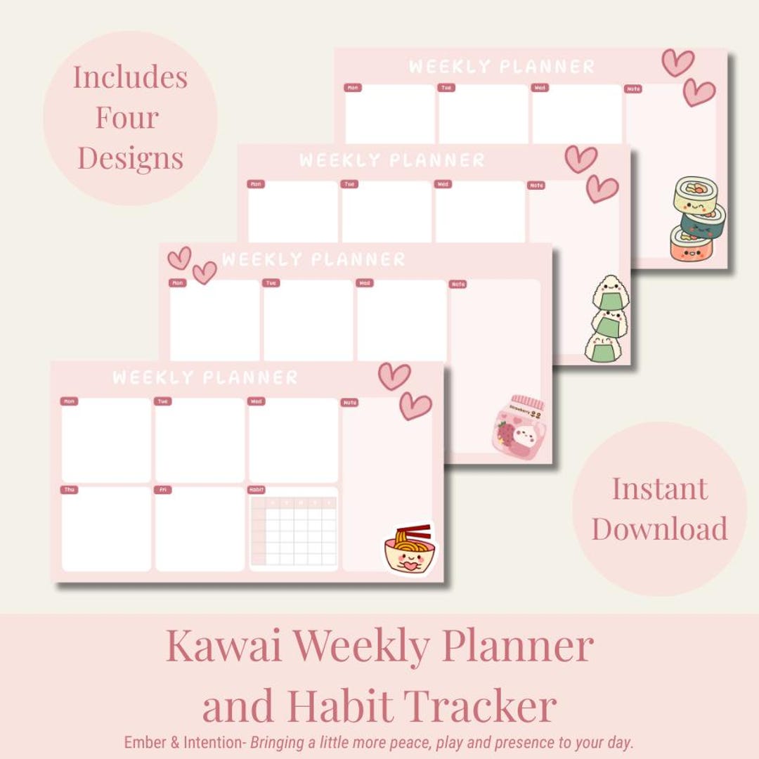 Kawaii Weekly Planner Printable With Habit Tracker Cute Food Themed ...