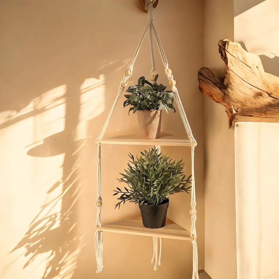 Boho Wooden Triangle Corner Shelf – Floating Wall Shelf With 1 or 2 ...