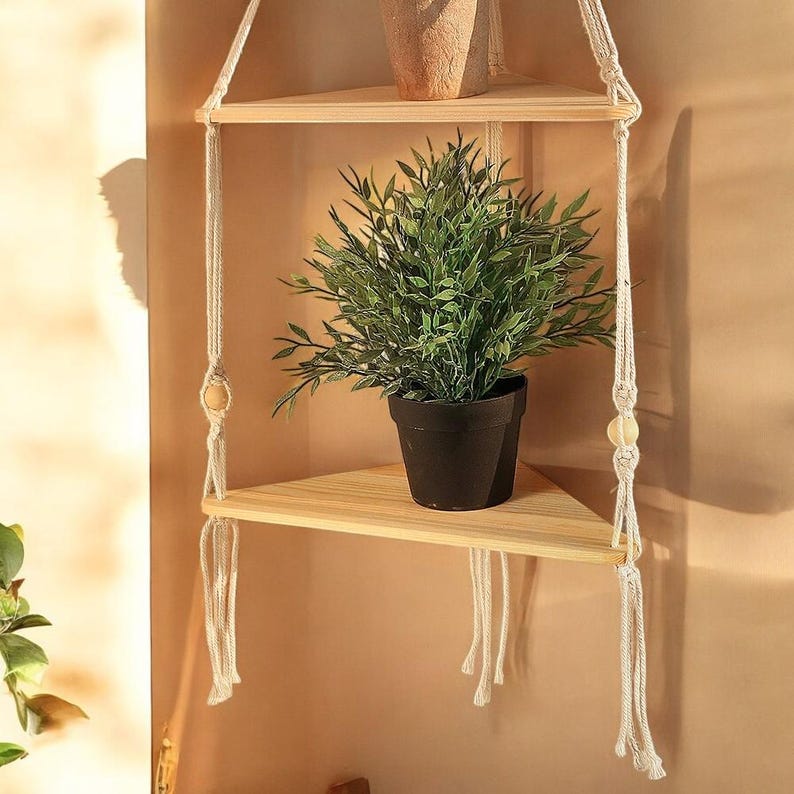 Boho Wooden Triangle Corner Shelf – Floating Wall Shelf With 1 or 2 ...