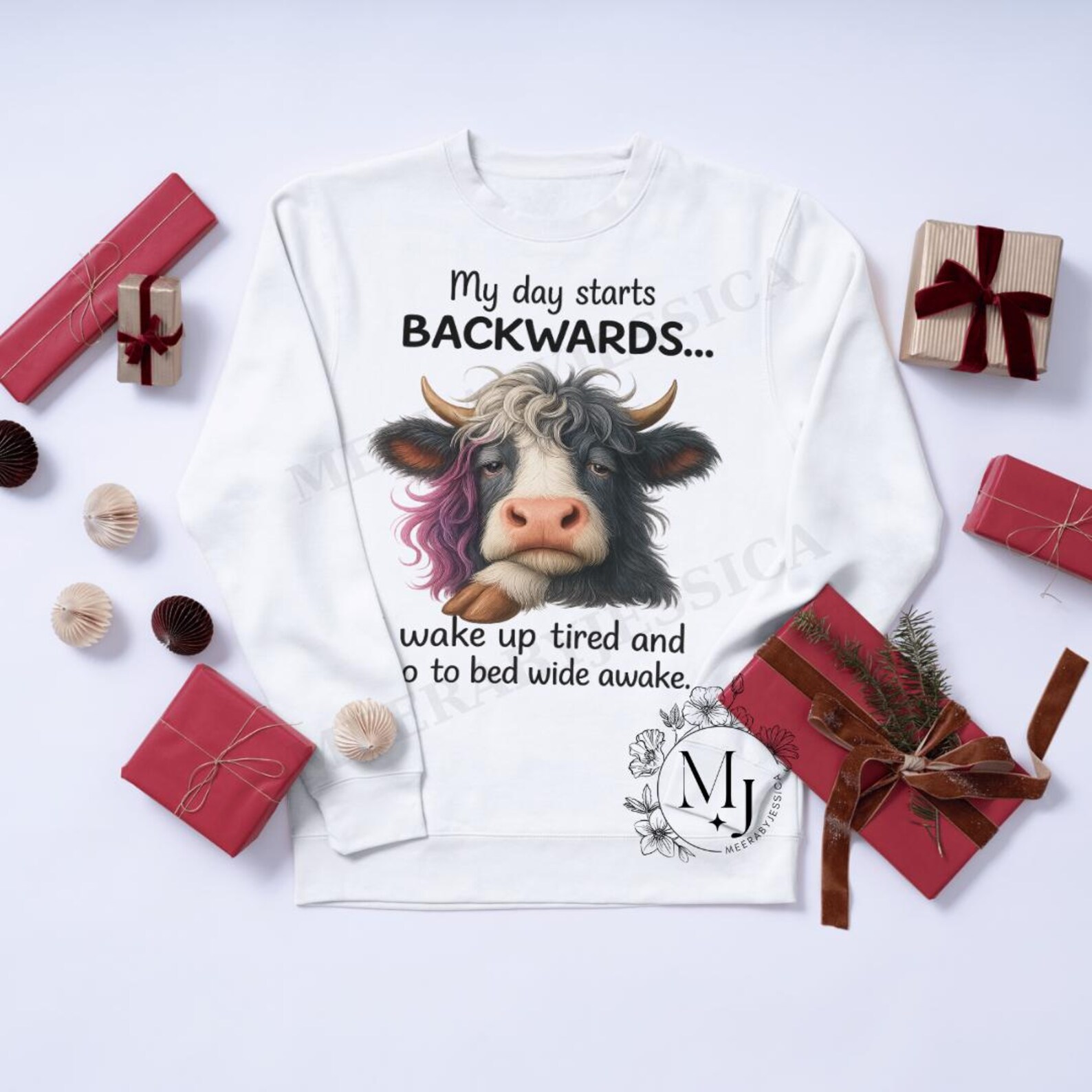 Funny Cow Sublimation PNG | My Day Starts Backwards Quote | Tired Cow ...