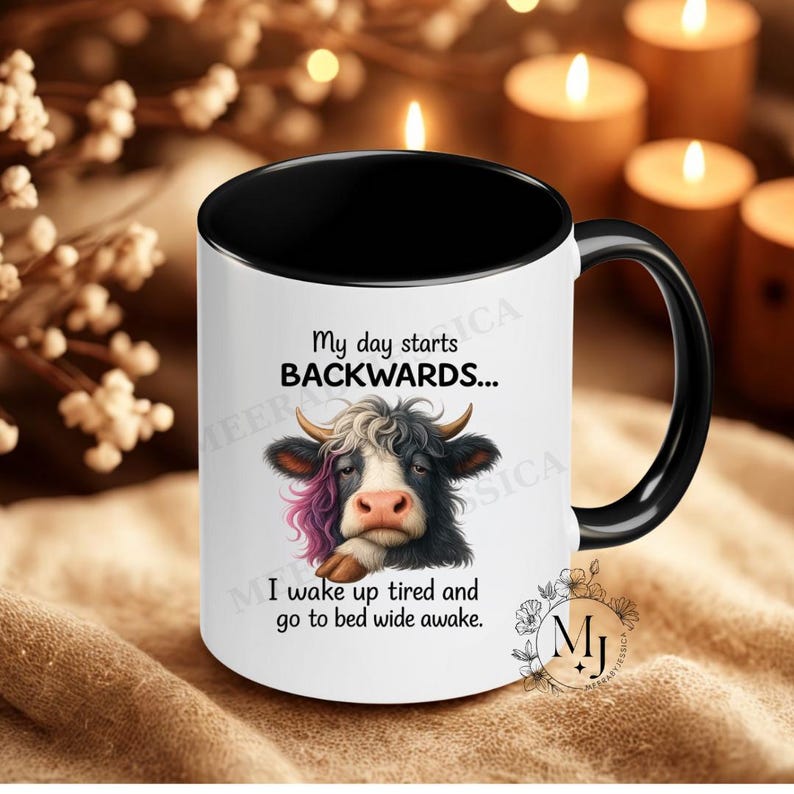 Funny Cow Sublimation PNG | My Day Starts Backwards Quote | Tired Cow ...