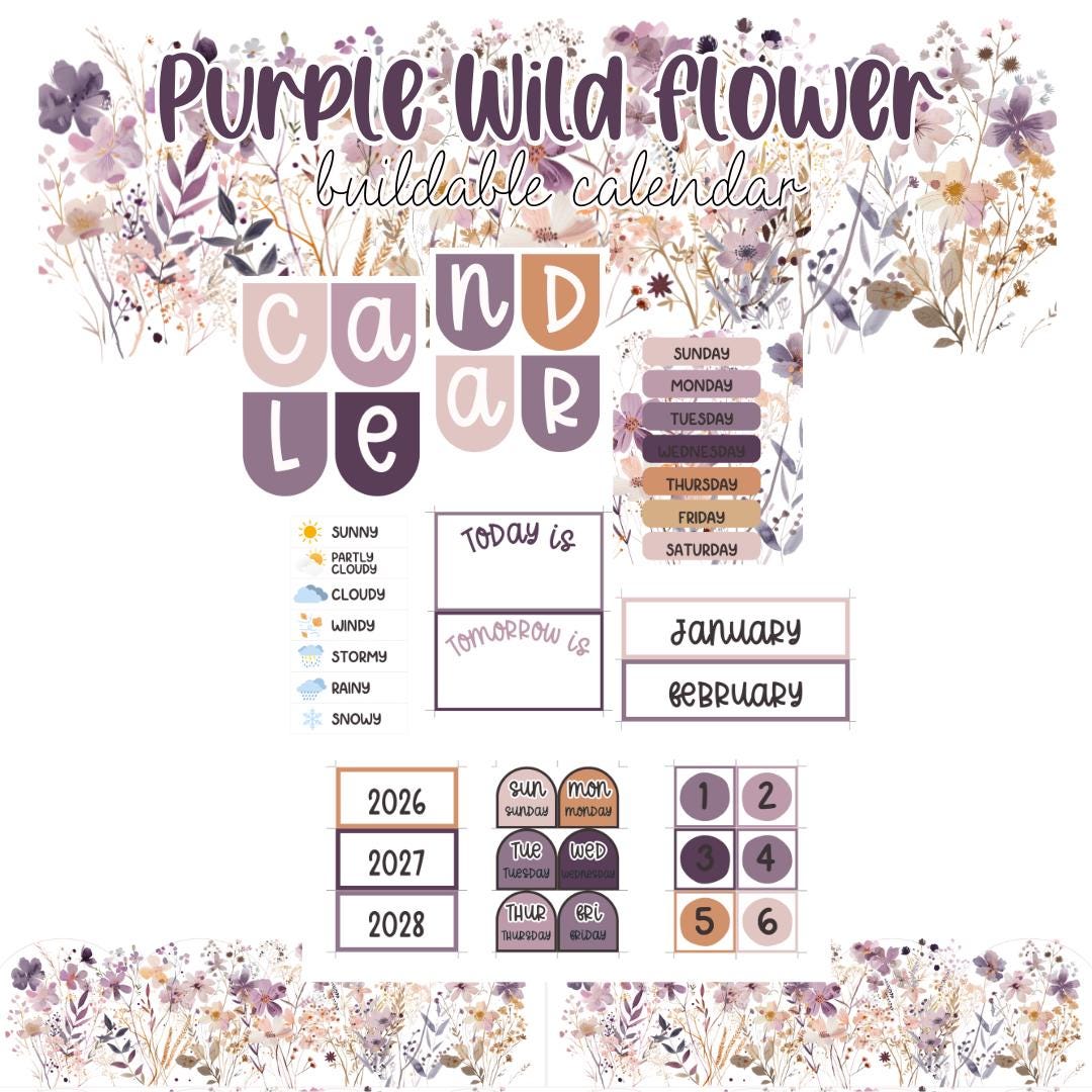 Purple Wildflowers Calendar: Teacher Classroom Decor Bundle (digital ...