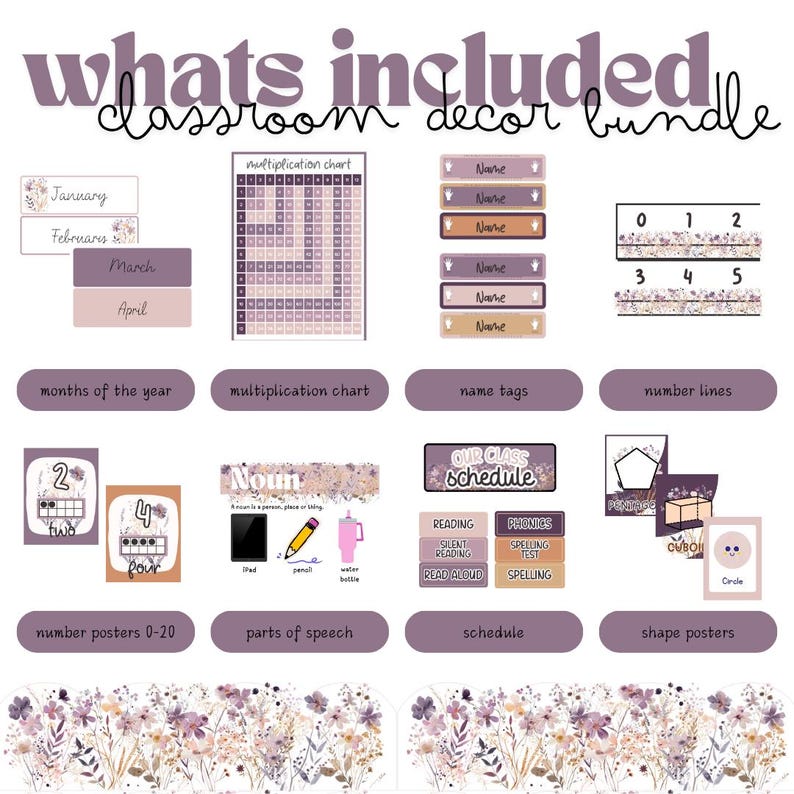 Purple Wildflowers Classroom Decor Bundle: Teacher Printable Set ...