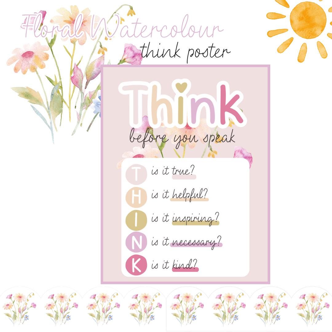 Floral Watercolor Think Poster: Classroom Decor (digital Download) - Etsy