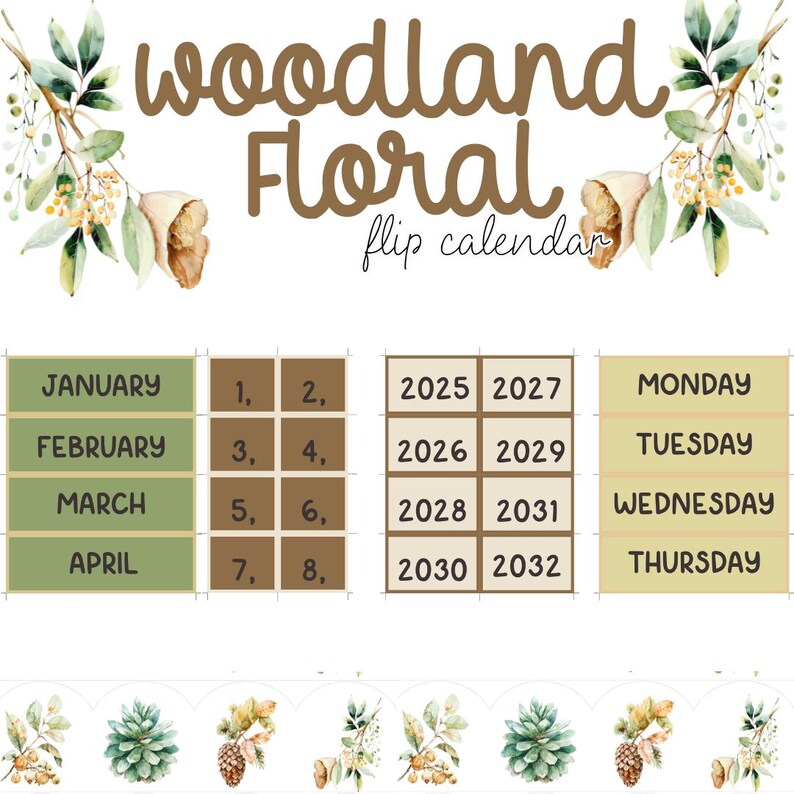 Woodland Floral Flip Calendar: Classroom Teacher Decor (digital ...