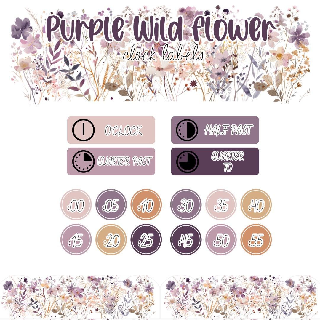 Purple Wildflowers Classroom Decor Bundle: Clock Labels (digital ...