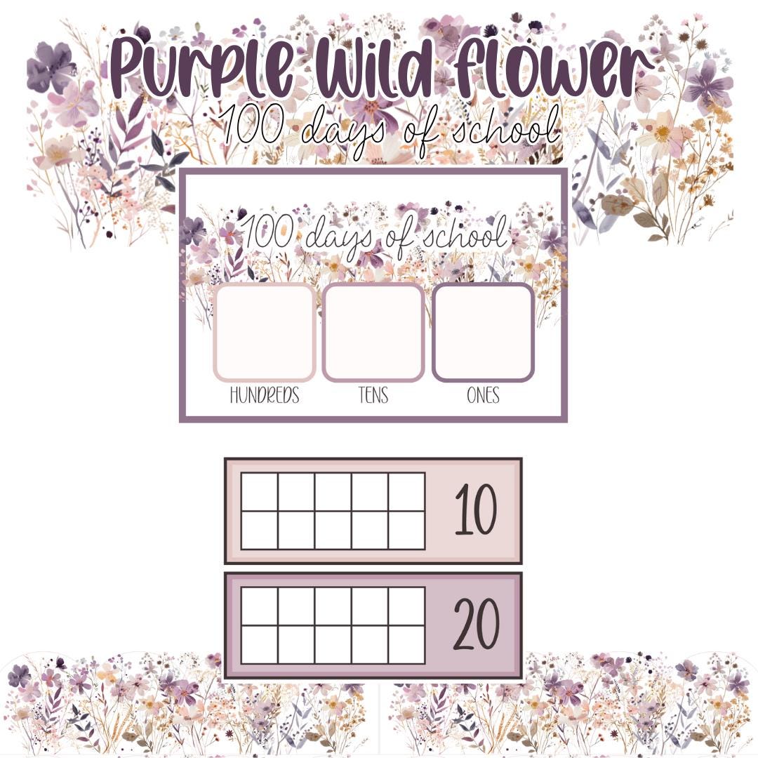 Purple Wildflowers Classroom Decor Bundle: 100 Days of School (digital ...