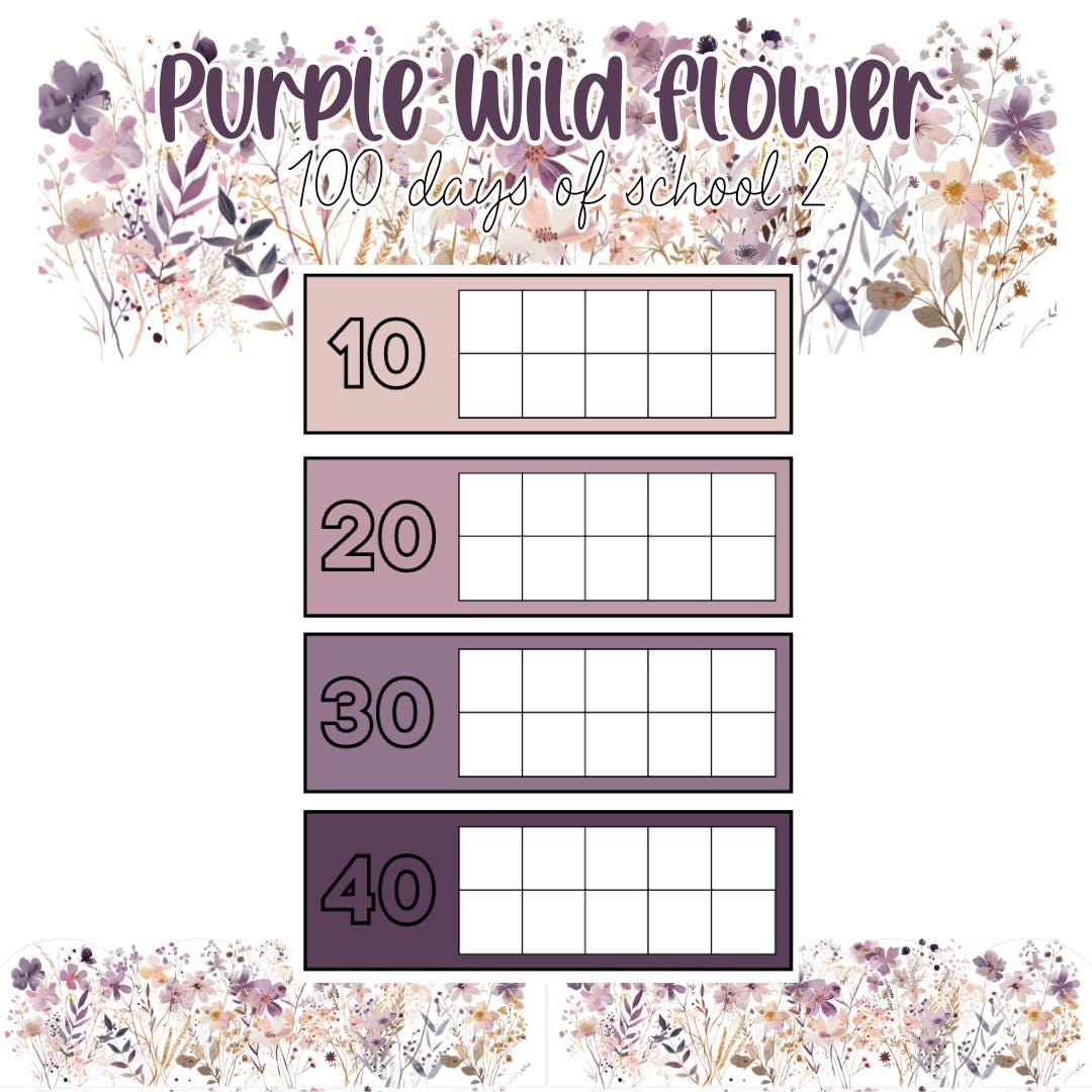 Purple Wildflowers Classroom Decor Bundle: 100 Days of School (digital ...