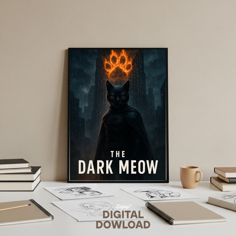The Dark Meow | Noir Cat Hero Poster | Dramatic Rainy Night Wall Art ...