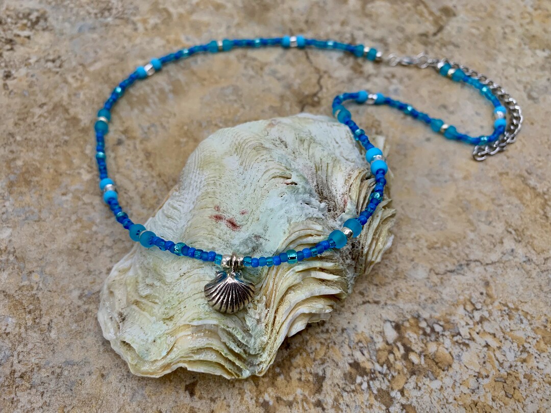 Sterling Silver Blue Seed Bead Mix Seashell Choker Necklace Adjustable ...