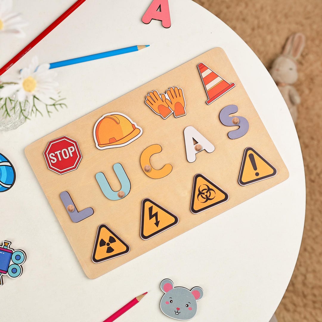 Traffic Sign Themed Name Busy Puzzle, Wooden Learning Toy With Safety ...