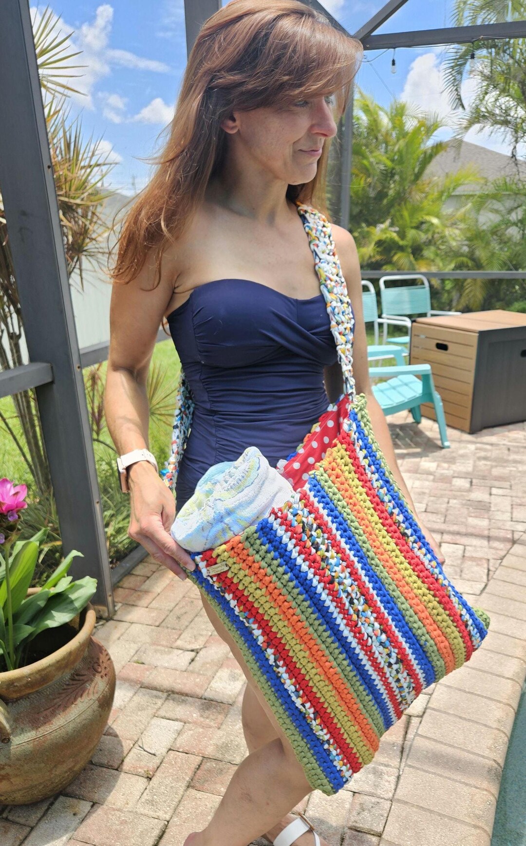 Handmade Crocheted Beach Bag: Boho Multi Stripe T-shirt and Novelty ...