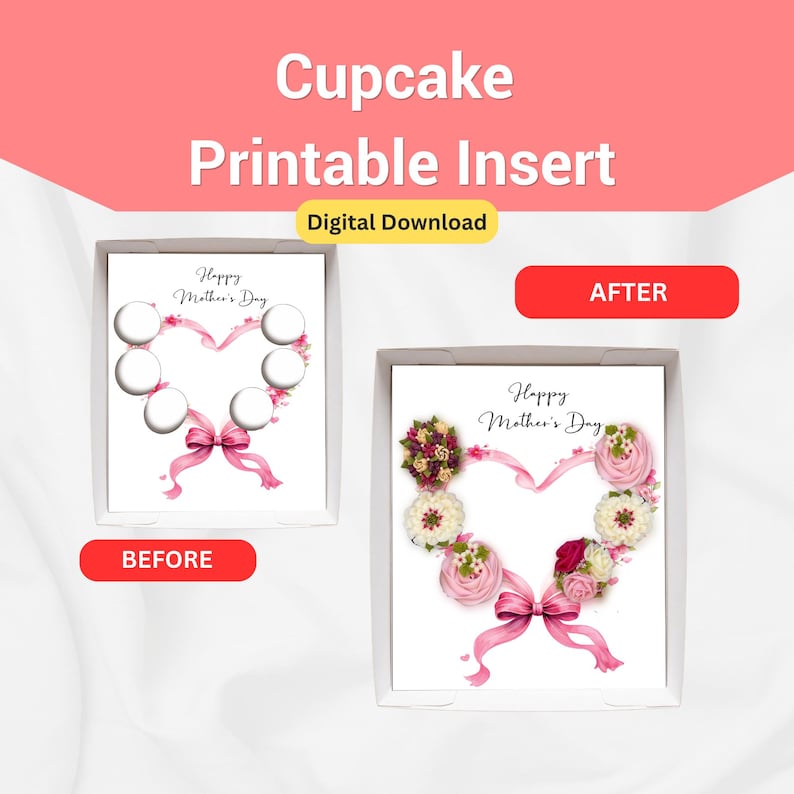Mother’s Day Cupcake Bouquet Insert Template | Heart Shape Pink Ribbon ...