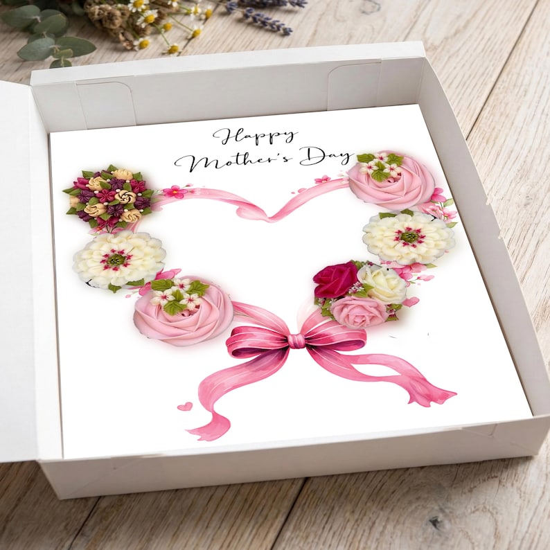Mother’s Day Cupcake Bouquet Insert Template | Heart Shape Pink Ribbon ...