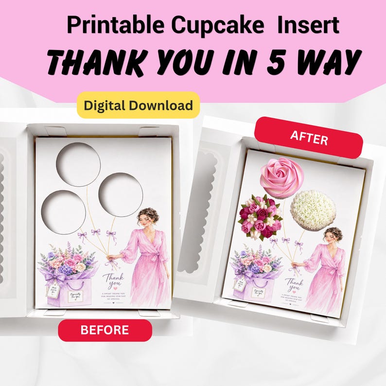 Thank You Cupcake Insert Template, Pink Floral Cupcake Bouquet Holder ...