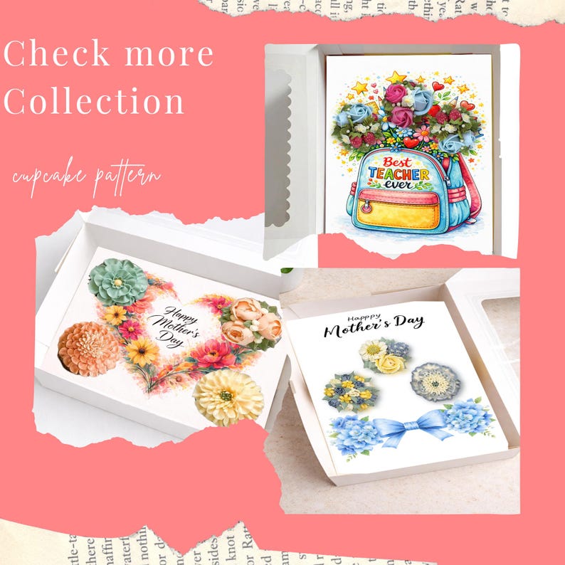 Mother’s Day Cupcake Bouquet Insert Template | Heart Shape Pink Ribbon ...