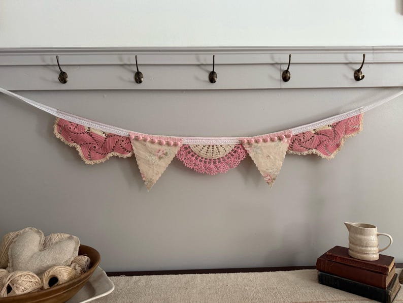 Cream and Pink Shabby Chic Cottage Core Antique Doily Pennants / Shabby ...