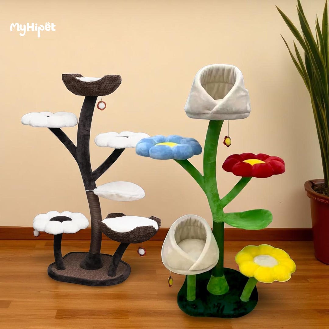Flower Cat Tree in Wood With Cozy Cuddle Caves | Cat Climbing Tree ...