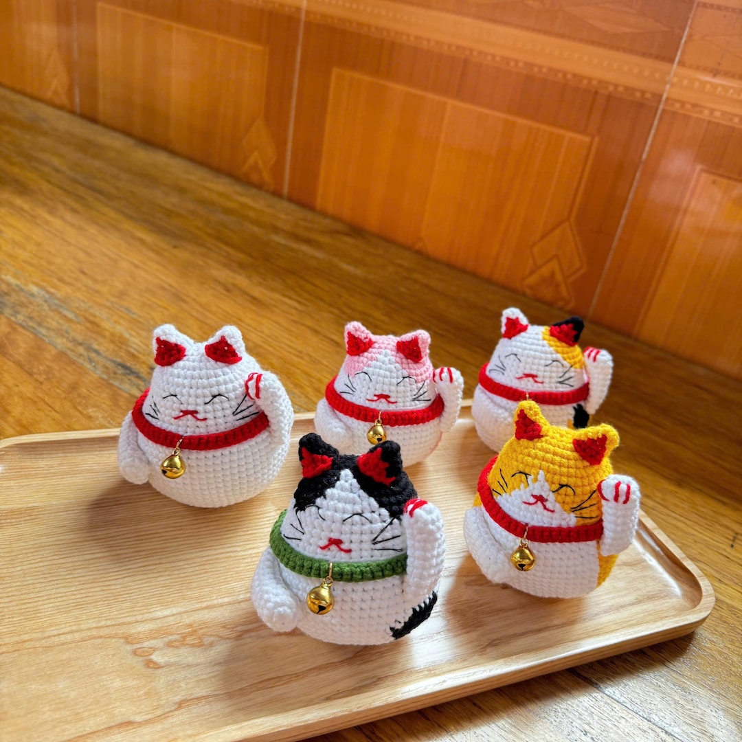Crochet Lucky Cat, Cute Car Decor, Crochet Cat Ornament, Handmade Lucky ...