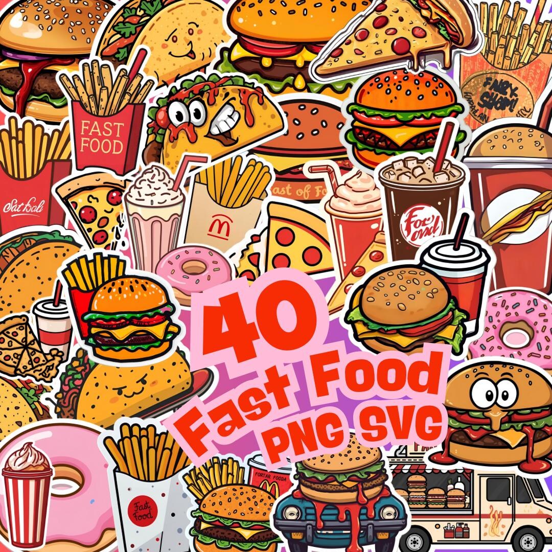 40 Fast Food Sticker Bundle | Cute Burger, Pizza, Fries, Donut | PNG ...