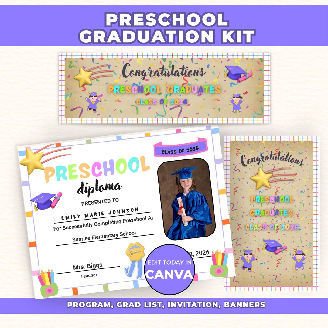 Preschool Graduation Kit, Canva Editable Diploma, Program, Graduation ...