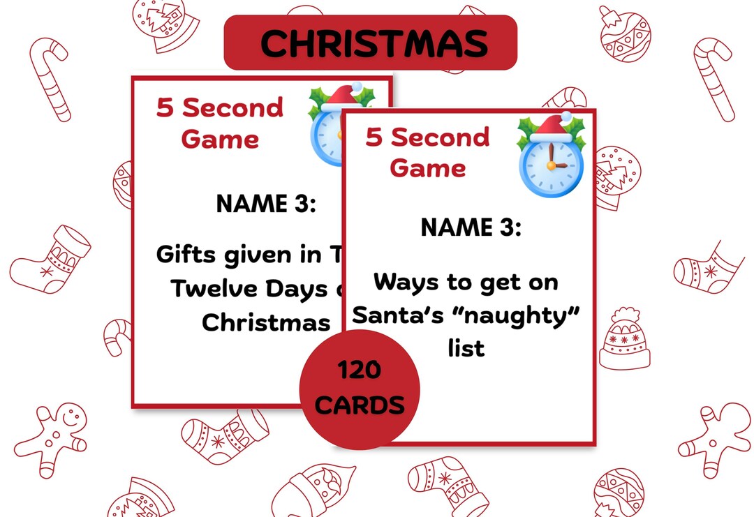 Christmas 5 Second Rule Game, Holiday Party Game, 120 Printable Cards ...
