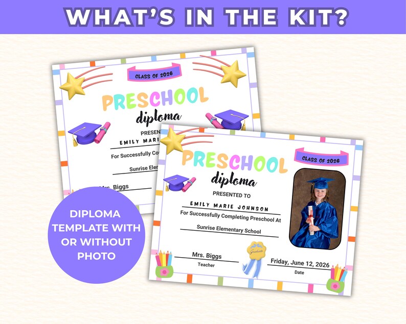 Preschool Graduation Template Bundle, Editable Diploma & Program, Canva ...