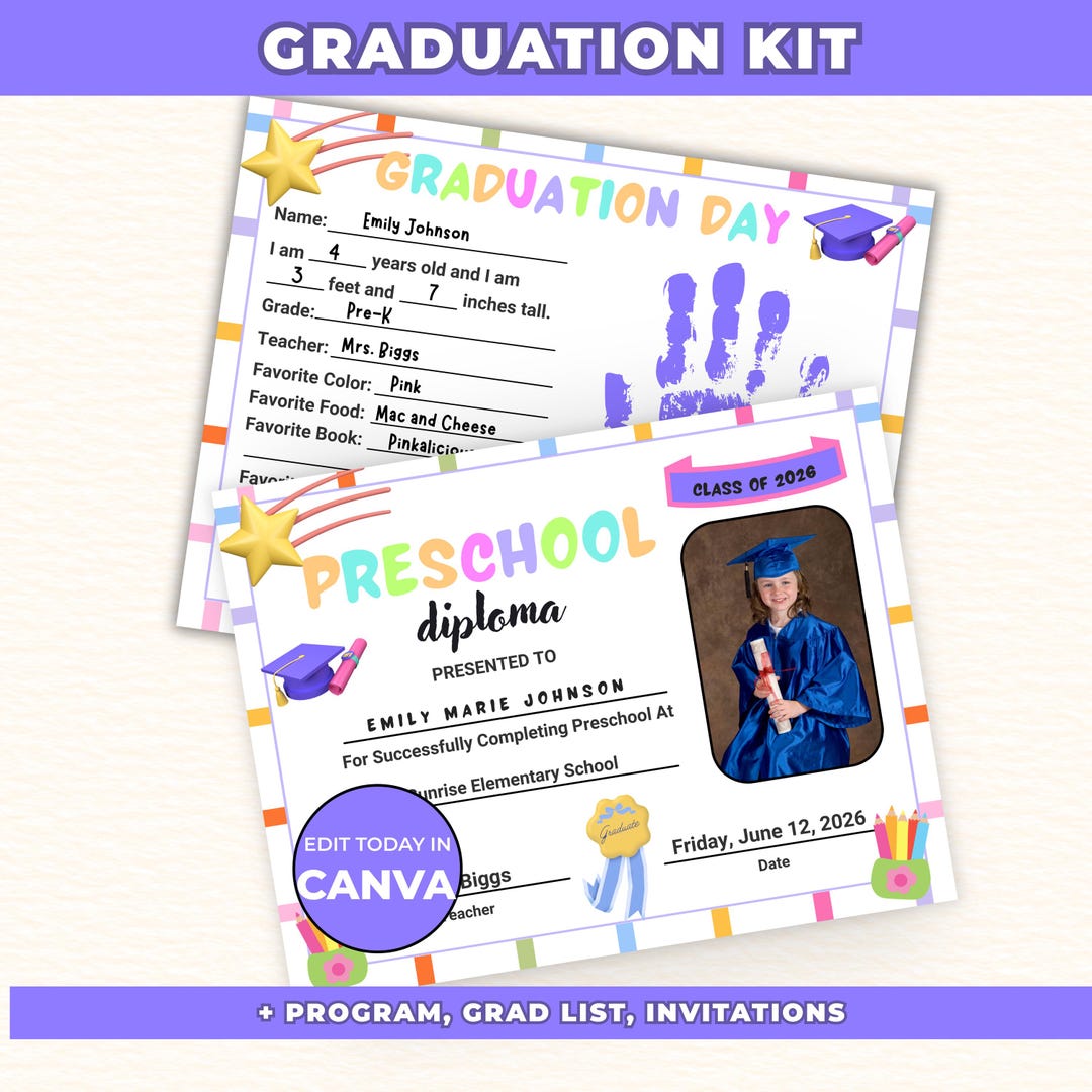Preschool Graduation Template Bundle, Editable Diploma & Program, Canva ...