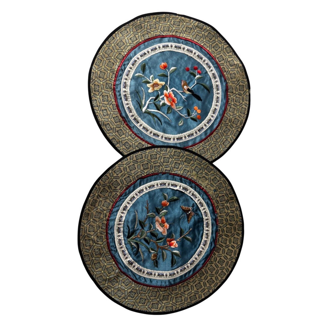 Vintage Chinese Silk Embroidered Round Wall Panels Blue Floral Bird ...