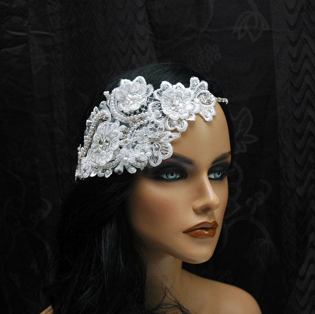 Bridal Floral Lace Beaded Headband Wedding Rhinestone Hair Piece OOAK ...