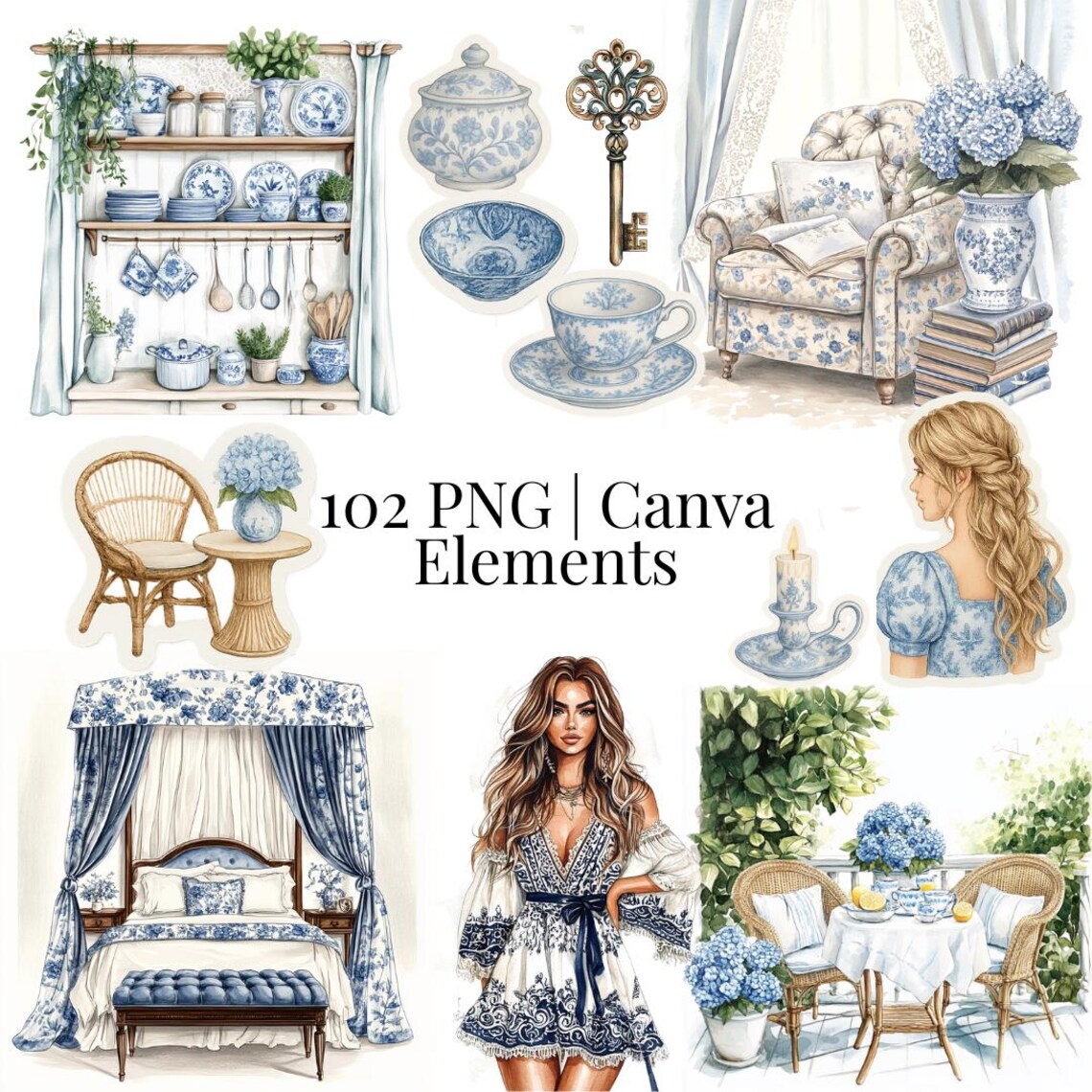 Wedgwood Blue Watercolor Clipart Bundle | Vintage Floral Sticker Set ...