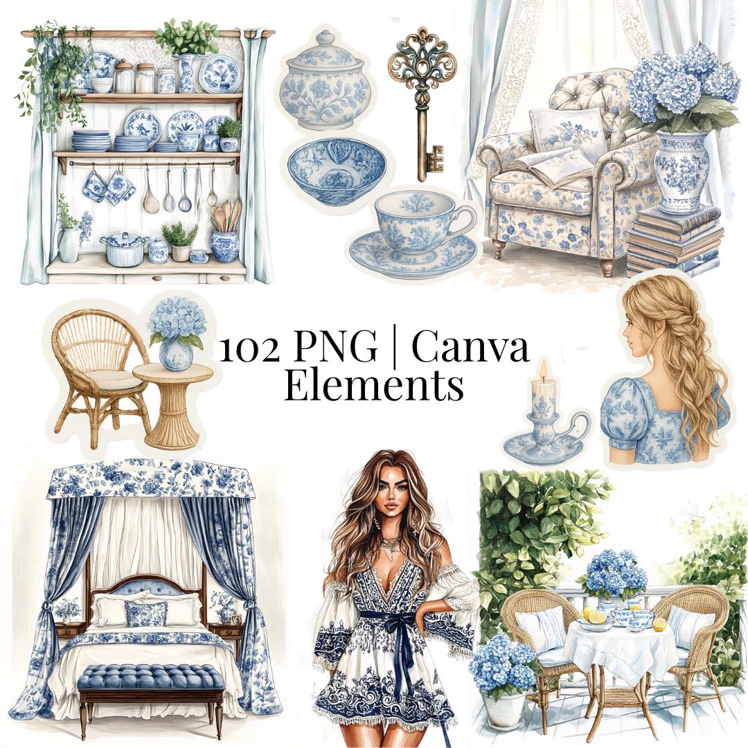 Wedgwood Blue Watercolor Clipart Bundle | Vintage Floral Sticker Set ...