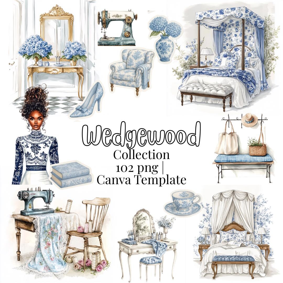 Wedgwood Blue Watercolor Clipart Bundle | Vintage Floral Sticker Set ...